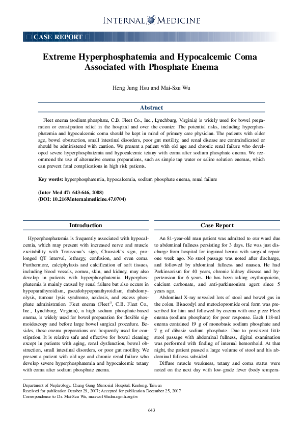 (PDF) Extreme Hyperphosphatemia and Hypocalcemic Coma Associated with ...