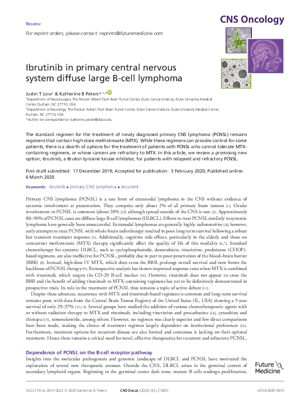 (PDF) Ibrutinib in primary central nervous system diffuse large B-cell lymphoma | Justin Low ...