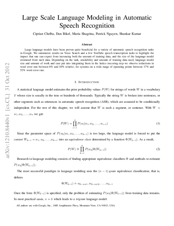 (PDF) Large Scale Language Modeling in Automatic Speech Recognition