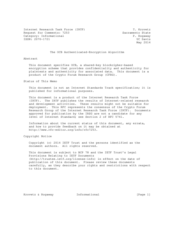 Pdf The Ocb Authenticated Encryption Algorithm