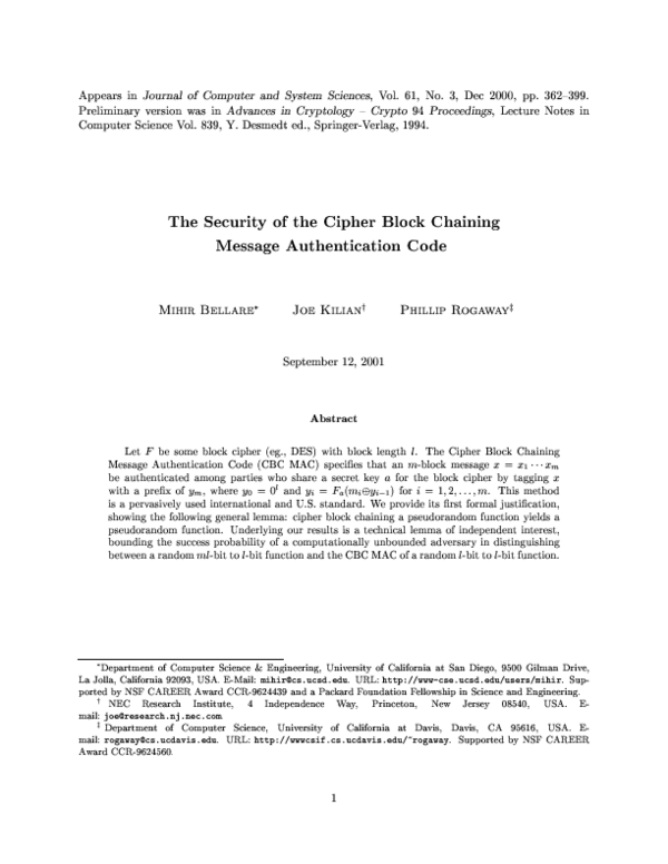 (PDF) The Security of the Cipher Block Chaining Message Authentication Code