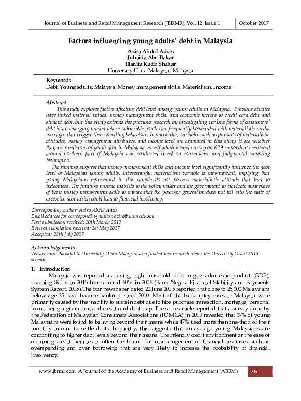 (PDF) Factors influencing young adults' debt in Malaysia (PDF) Factors influencing young adults' debt in Malaysia
