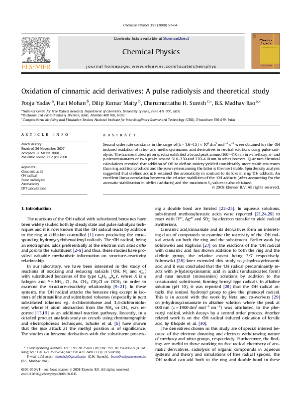 (PDF) Oxidation of cinnamic acid derivatives: A pulse radiolysis and ...
