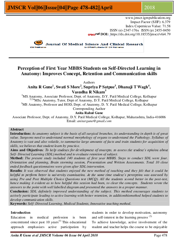 Perception of First Year MBBS Students on Self-Directed Learning in ...