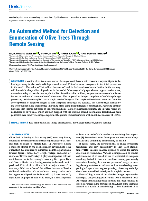 Pdf An Automated Method For Detection And Enumeration Of Olive Trees Through Remote Sensing