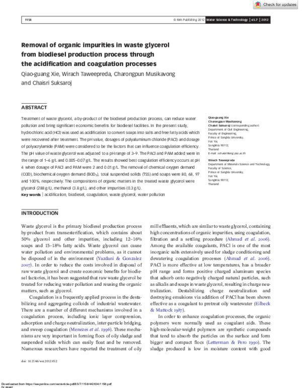 (PDF) Removal of organic impurities in waste glycerol from biodiesel ...
