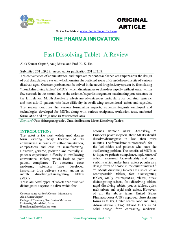 (PDF) Fast Dissolving Tablet- A Review