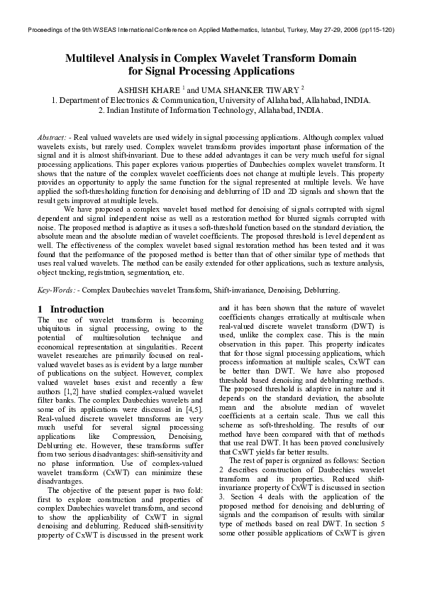 (PDF) Complex Wavelet Transform for Signal processing Applications | uma shanker tiwary ...
