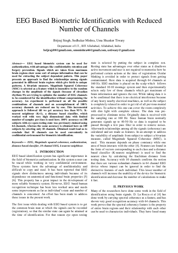 (PDF) EEG Based Biometric Authentication with Reduced Number of Channels