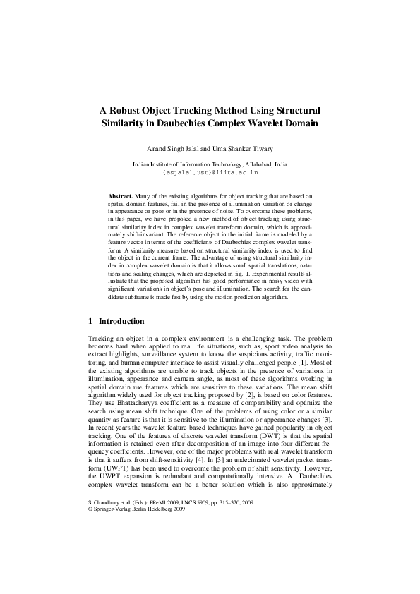 (PDF) A Robust Object Tracking Method Using Structural Similarity in Daubechies Complex Wavelet ...
