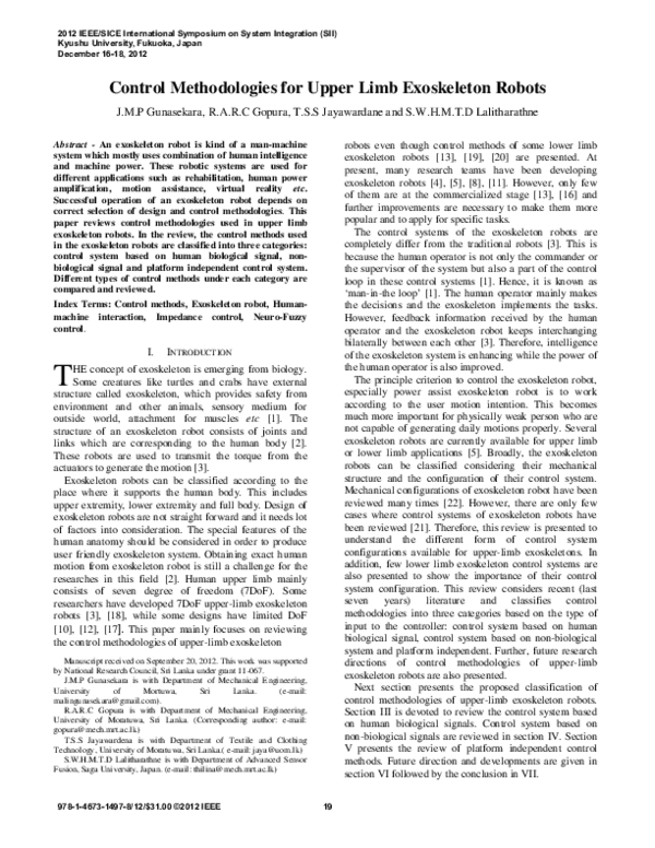 (PDF) Control methodologies for upper limb exoskeleton robots