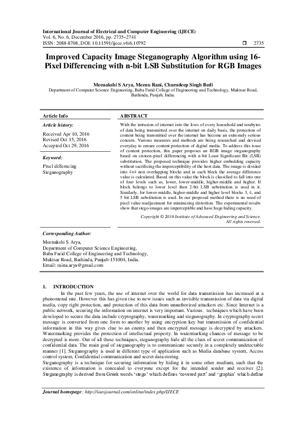 Pdf Improved Capacity Image Steganography Algorithm Using 16 Pixel Differencing With N Bit Lsb