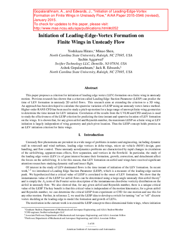 (PDF) Initiation of Leading-Edge-Vortex Formation on Finite Wings in Unsteady Flow