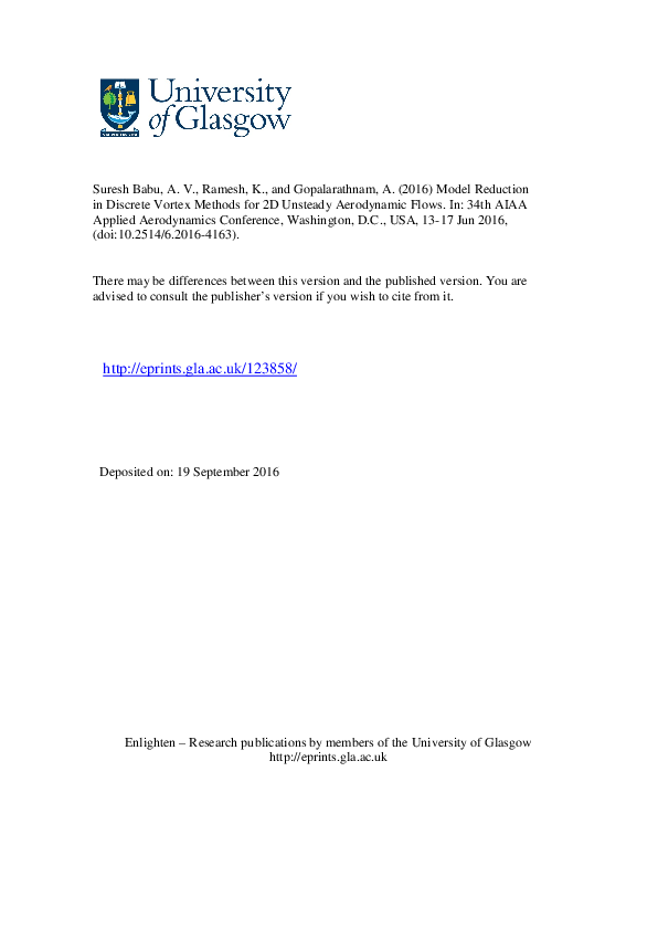 Pdf Model Reduction In Discrete Vortex Methods For 2d Unsteady