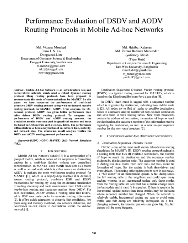 Pdf Performance Evaluation Of Dsdv And Aodv Routing Protocols In Mobile Ad Hoc Networks
