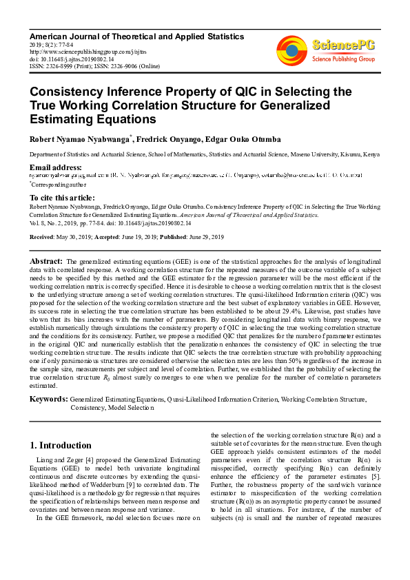 (PDF) Consistency Inference Property of QIC in Selecting the True Working Correlation Structure ...