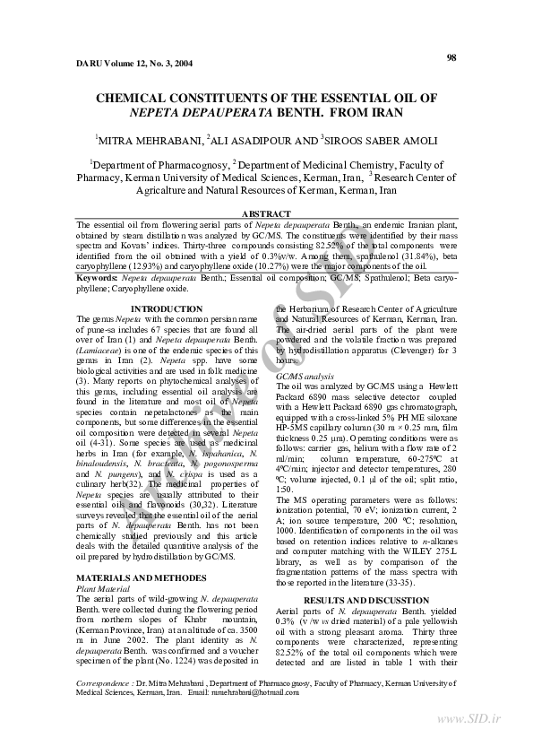 (PDF) Chemical Constituents of the Essential Oil of Nepeta oxyodonta