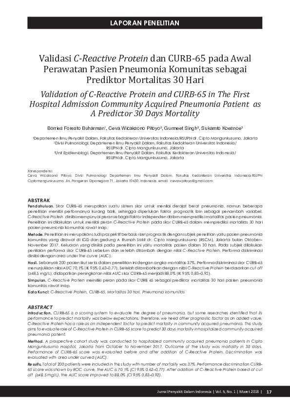 (PDF) Validasi C-Reactive Protein dan CURB-65 pada Awal Perawatan ...
