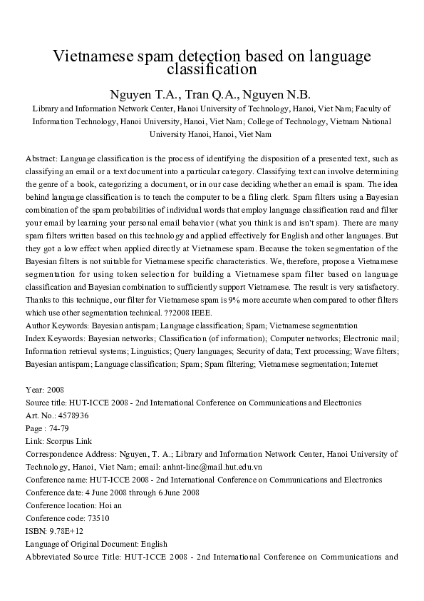 Pdf Vietnamese Spam Detection Based On Language Classification Tran