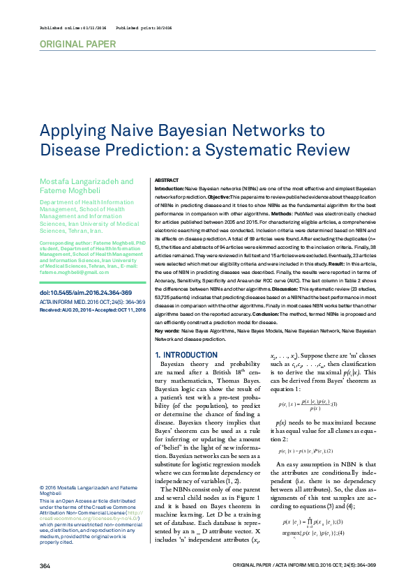 (PDF) Applying Naive Bayesian Networks to Disease Prediction: a Systematic Review