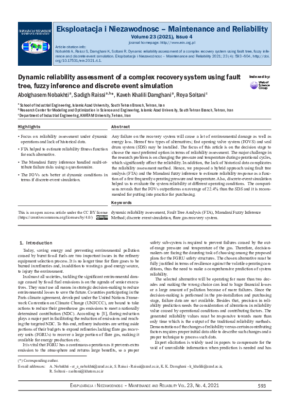 Pdf Dynamic Reliability Assessment Of A Complex Recovery System Using Fault Tree Fuzzy