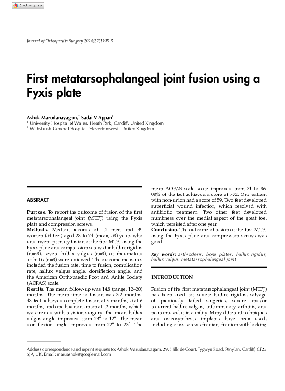 (PDF) First metatarsophalangeal joint fusion using a Fyxis plate