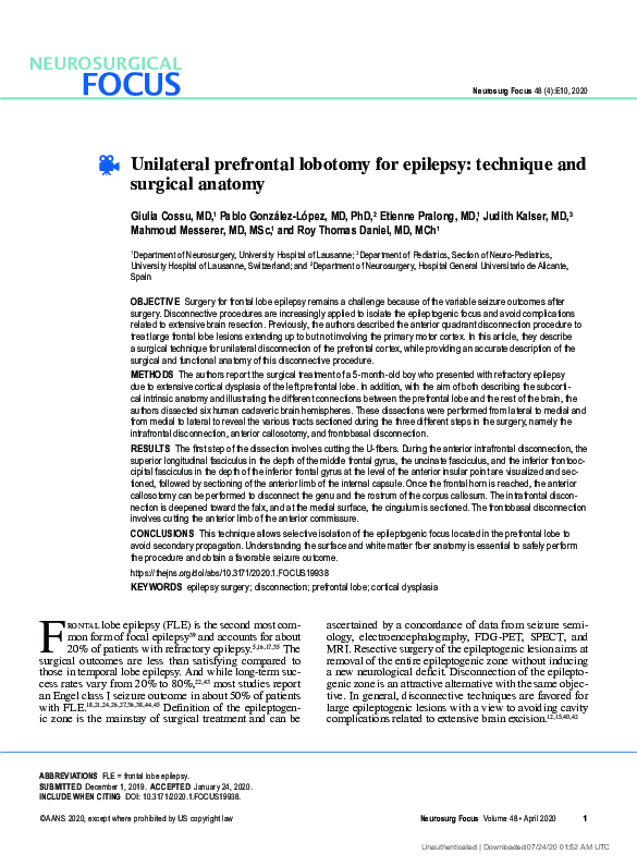 (PDF) Unilateral prefrontal lobotomy for epilepsy: technique and ...