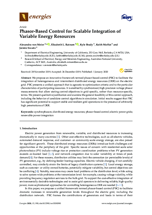 (PDF) Phasor-Based Control for Scalable Integration of Variable Energy Resources