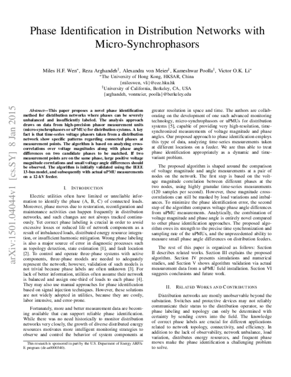 (PDF) Phase Identification in Distribution Networks with Micro-Synchrophasors