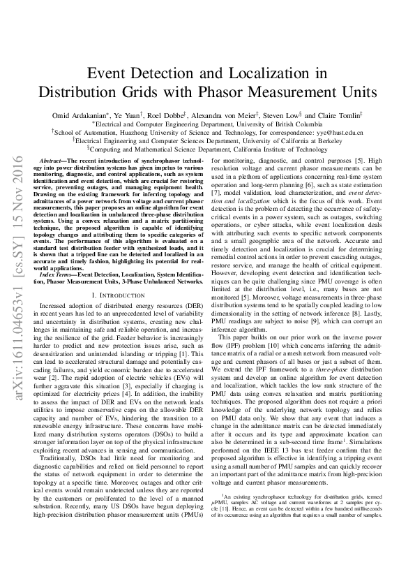 (PDF) Event detection and localization in distribution grids with phasor measurement units ...