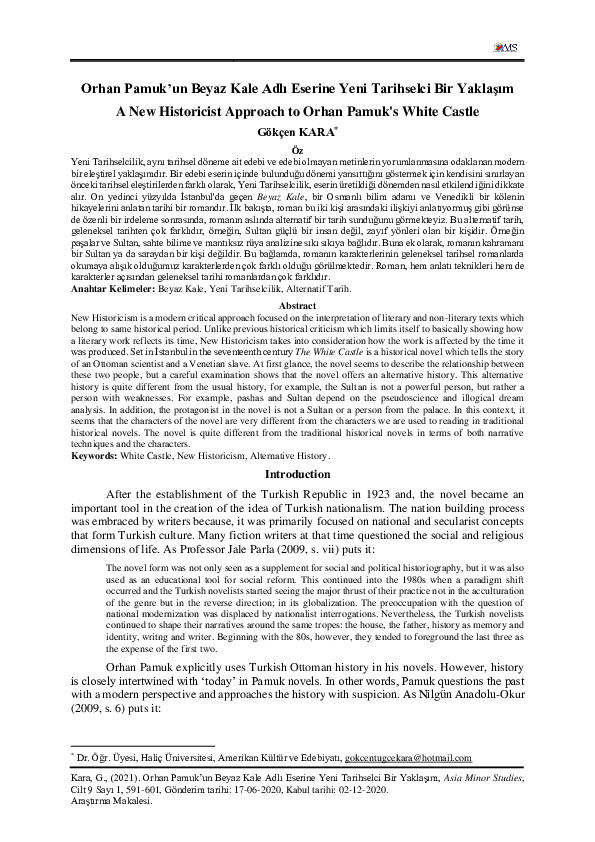 (PDF) Orhan Pamuk'un Beyaz Kale Adlı Eserine Yeni Tarihselci Bir Yaklaşım A New Historicist ...