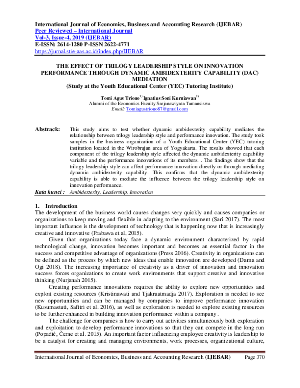 (PDF) THE EFFECT OF TRILOGY LEADERSHIP STYLE ON INNOVATION PERFORMANCE THROUGH DYNAMIC ...