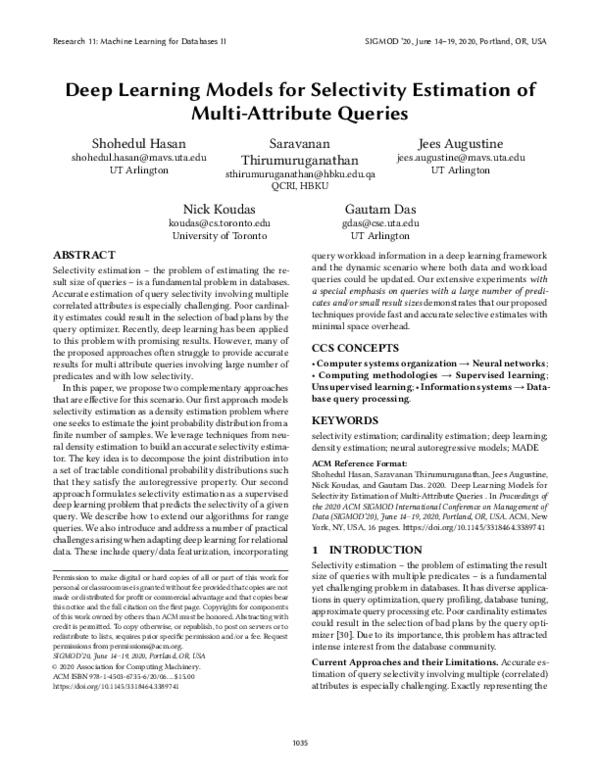 Pdf Deep Learning Models For Selectivity Estimation Of Multi Attribute Queries