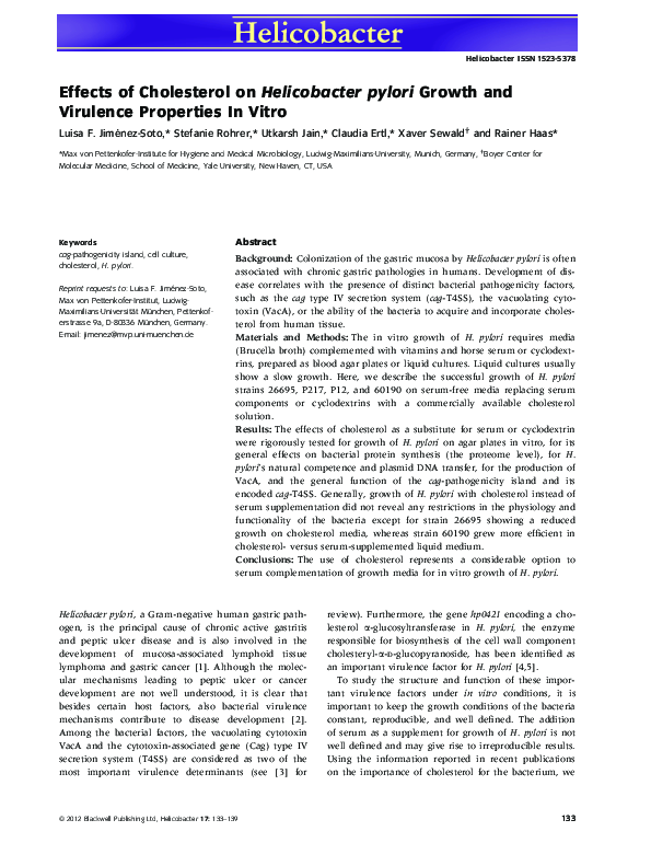 (PDF) Cholesterol's Impact on H. pylori Growth In Vitro