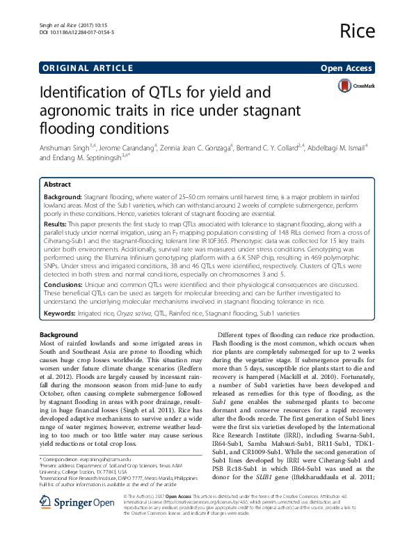 (PDF) Identification of QTLs for yield and agronomic traits in rice under stagnant flooding ...