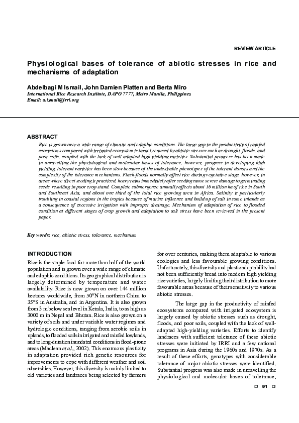 (PDF) Physiological bases of tolerance of abiotic stresses in rice and ...