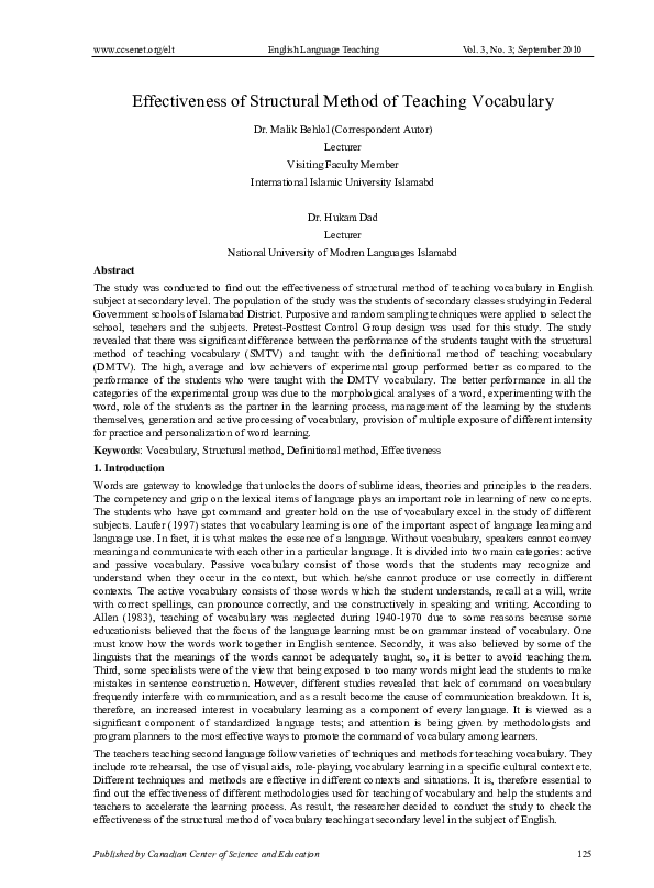 (PDF) Effectiveness of Structural Method of Teaching Vocabulary