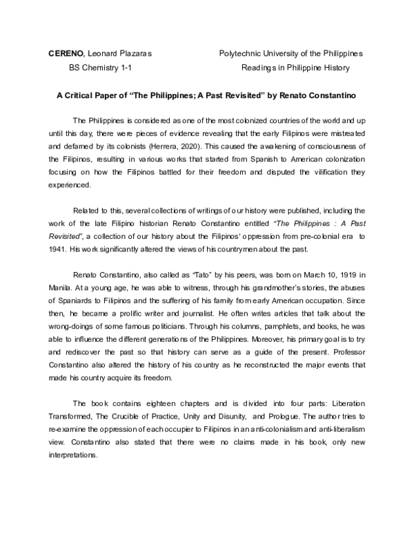 (PDF) Critical Paper of "The Philippines: A Past Revisited"