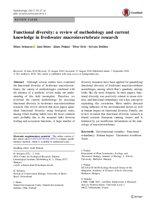 (PDF) Functional diversity: a review of methodology and current knowledge in freshwater ...