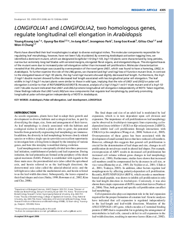 (PDF) LONGIFOLIA1 and LONGIFOLIA2, two homologous genes, regulate ...