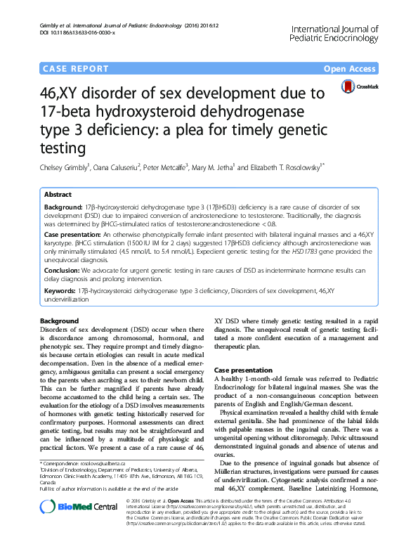 (PDF) 46,XY disorder of sex development due to 17-beta hydroxysteroid ...