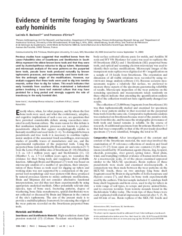 (PDF) Evidence of termite foraging by Swartkrans early hominids