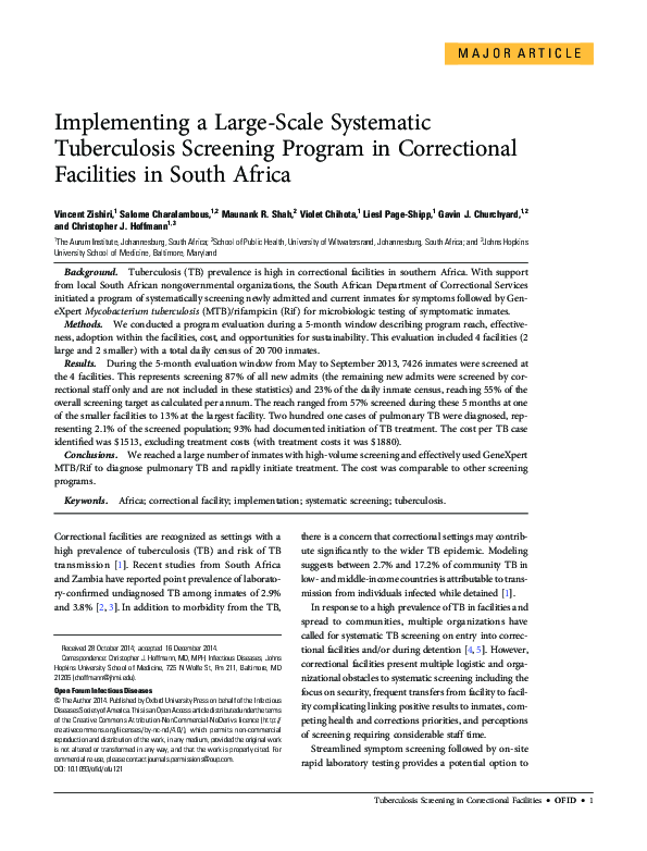 (PDF) Implementing a Large-Scale Systematic Tuberculosis Screening Program in Correctional ...