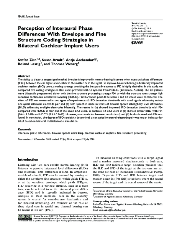 Pdf Perception Of Interaural Phase Differences With Envelope And Fine Structure Coding