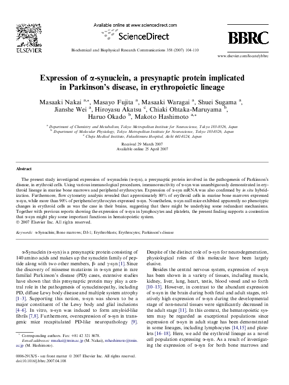 (PDF) Expression of α-synuclein, a presynaptic protein implicated in Parkinson’s disease, in ...