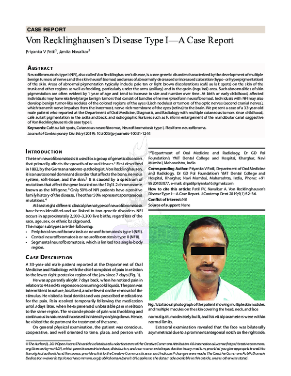 (PDF) Von Recklinghausen\'s Disease Type I—A Case Report