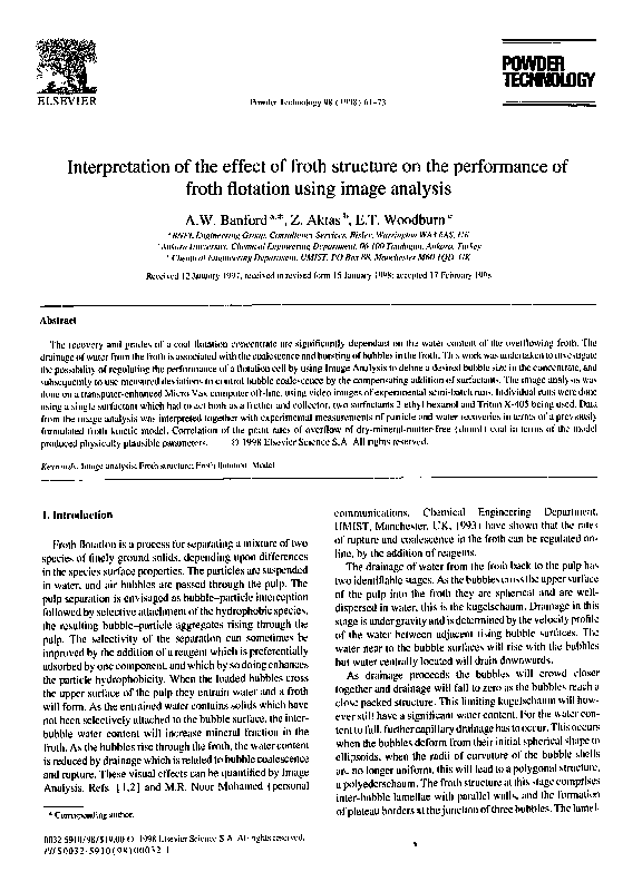 (PDF) Interpretation of the effect of froth structure on the performance of froth flotation ...