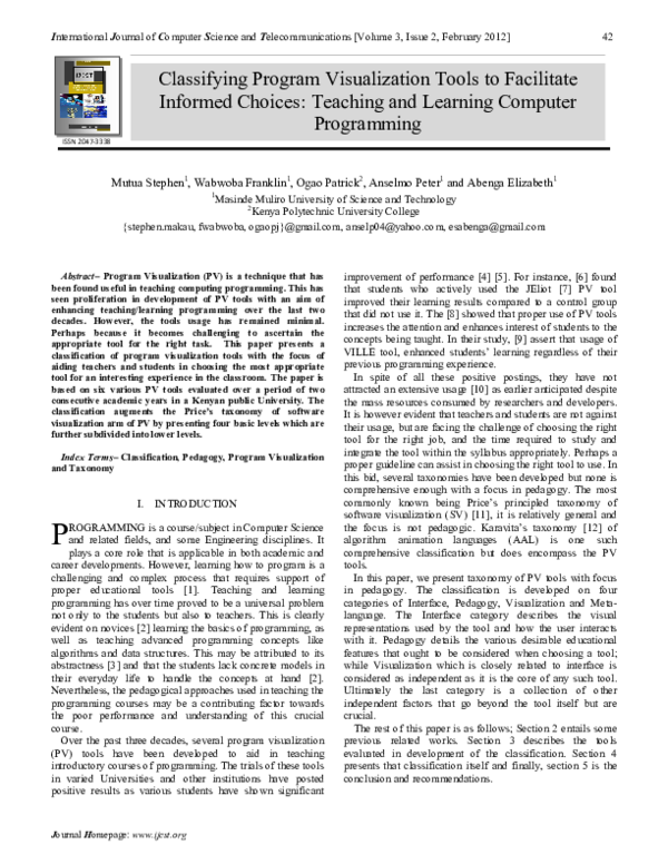 (PDF) Classifying Program Visualization Tools to Facilitate Informed Choices: Teaching and ...