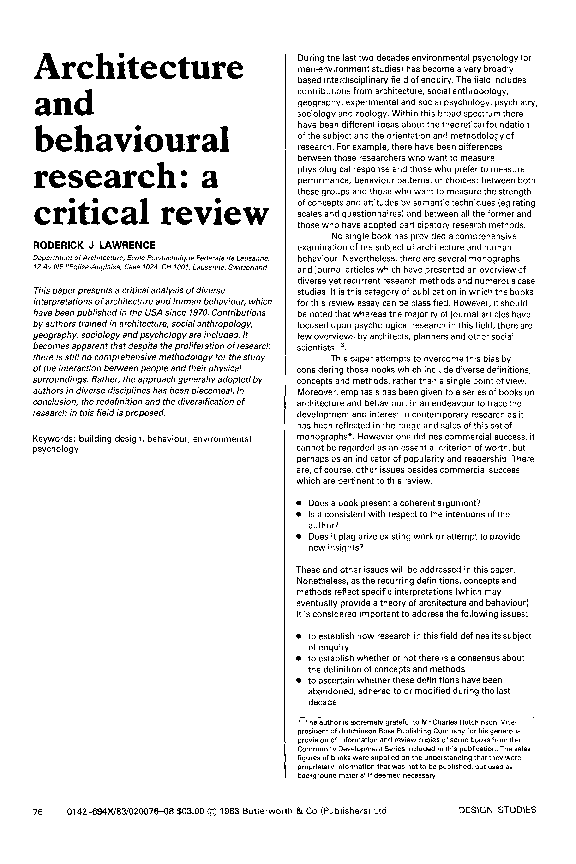 (PDF) Architecture and behavioural research: a critical review
