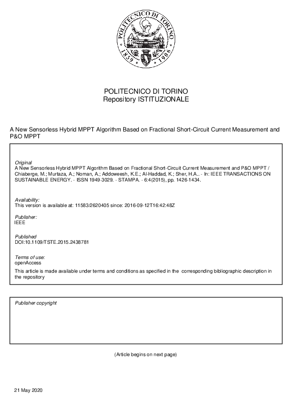 Pdf A New Sensorless Hybrid Mppt Algorithm Based On Fractional Short
